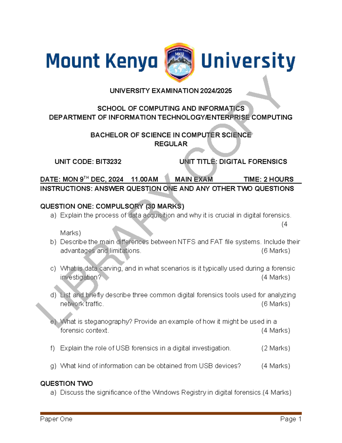 BIT3232 Digital Forensics Final Exam Questions and Guidelines - Studocu