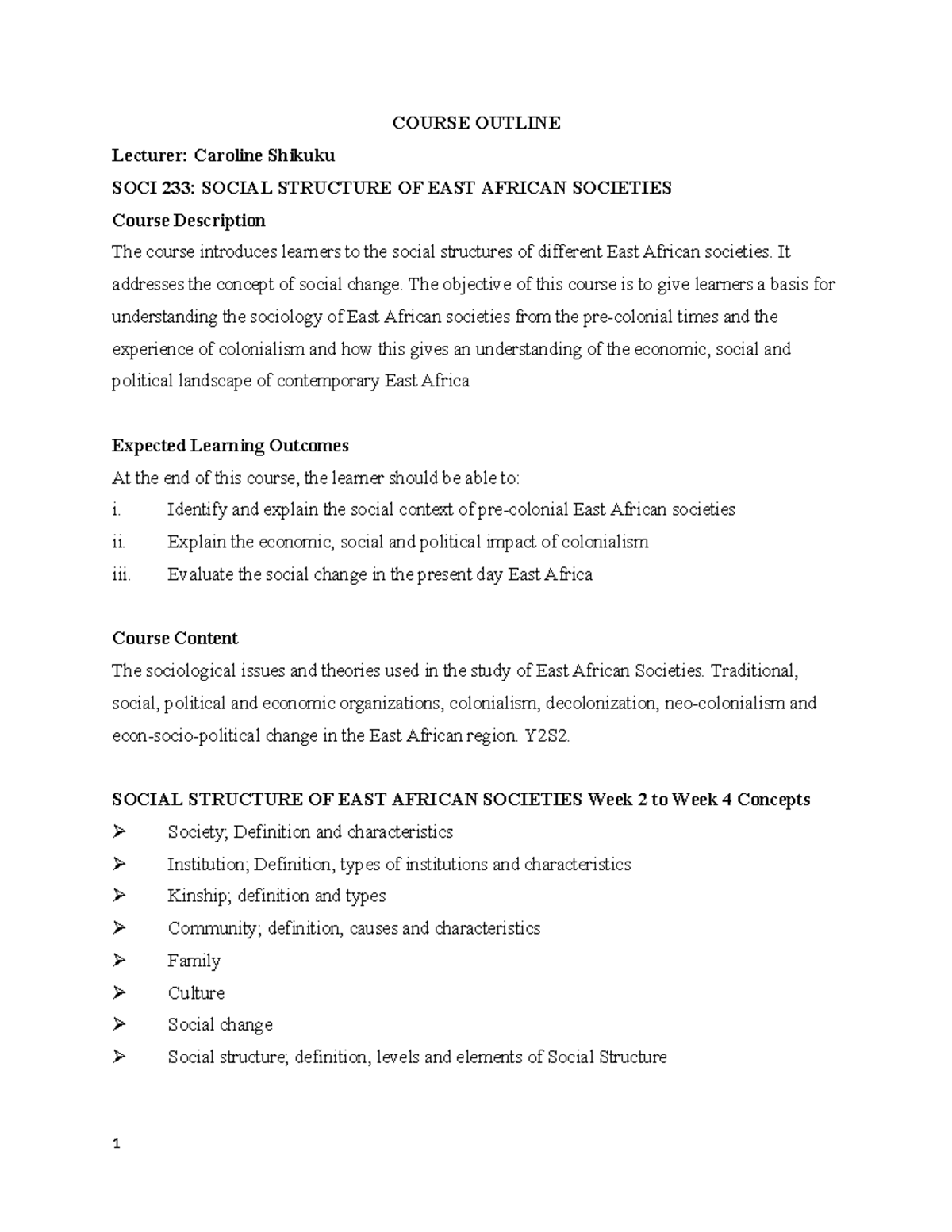 SOCI 233: Course Outline on Social Structure of East African Societies ...