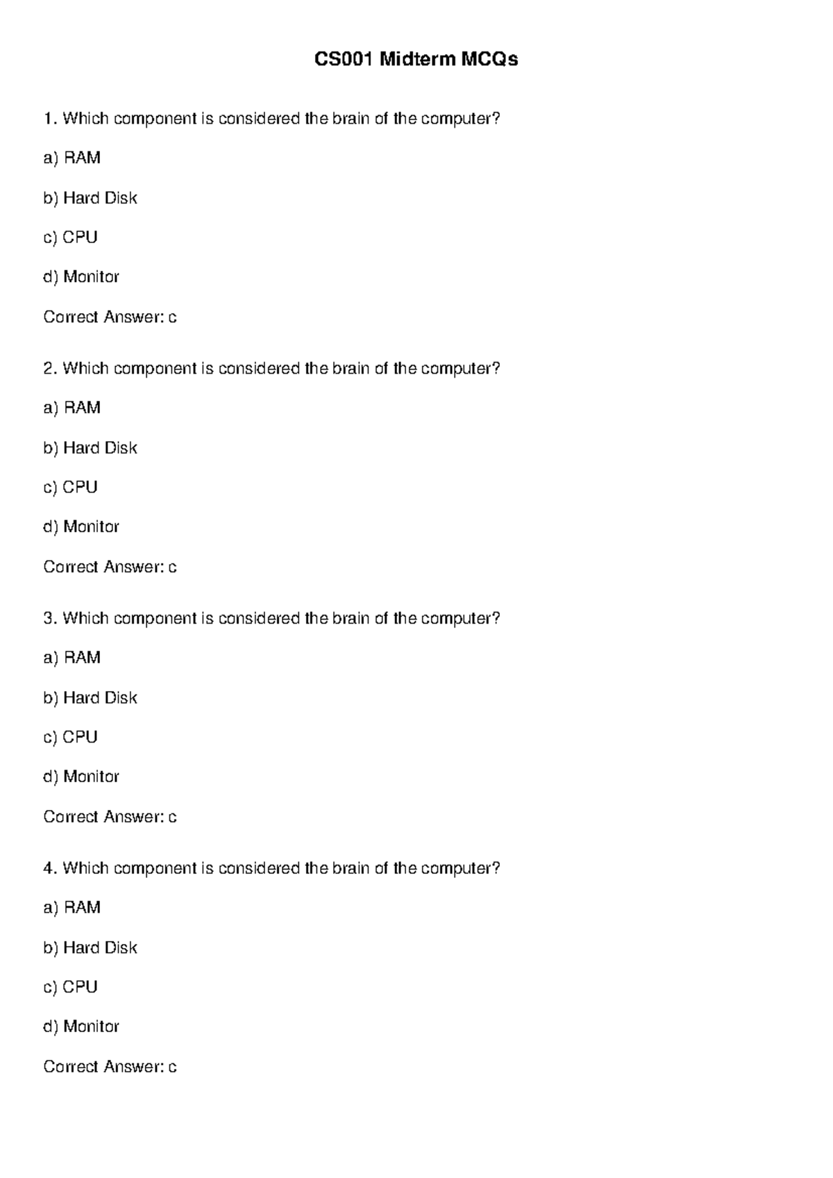 CS001 Midterm 100 Real MCQs on Computer Components and CPU - Studocu