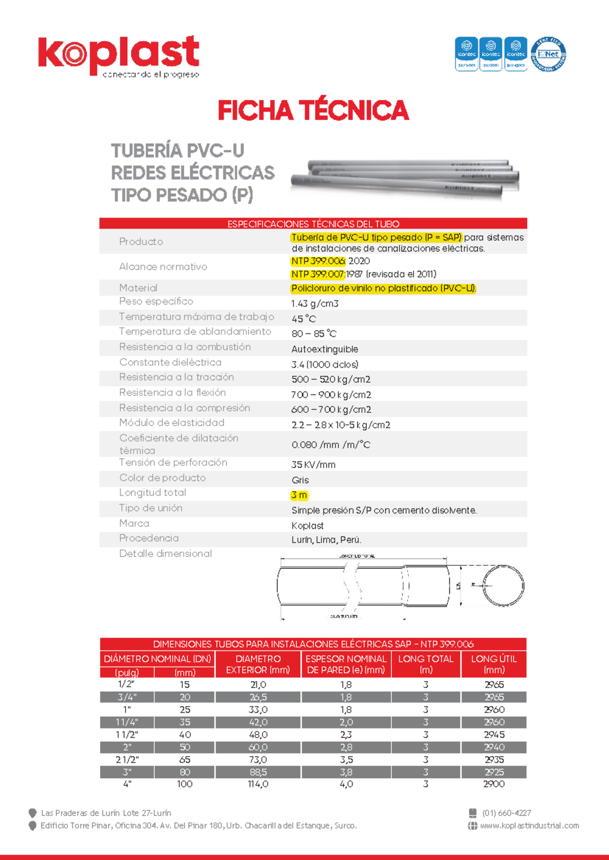 FT PVC SAP - Koplast: Ficha Técnica Tubería Eléctrica Pesada - Studocu