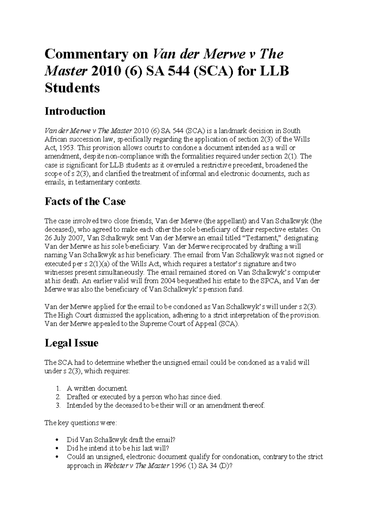 Commentary on Van der Merwe v The Master 2010 (6) SA 544 (SCA) for LLB ...