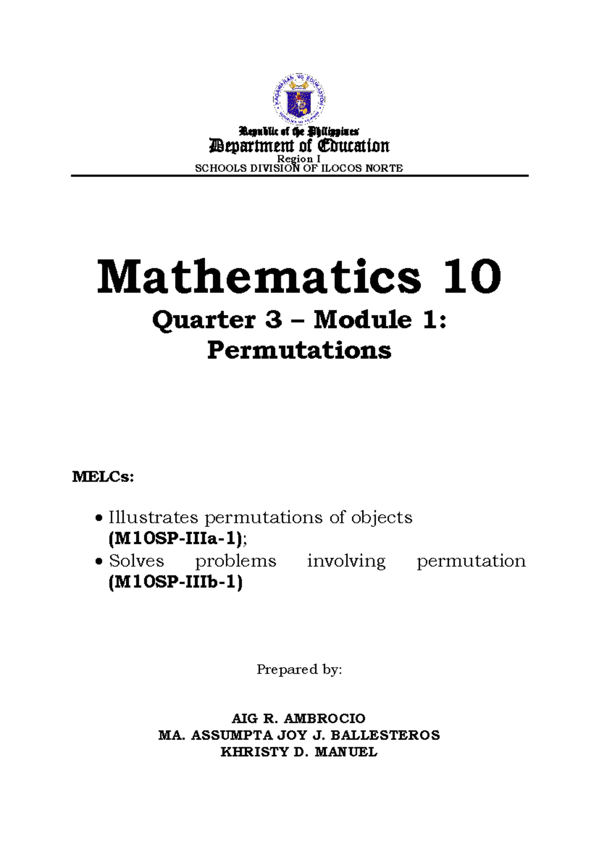 Math-10-Q3-Module1-Permutations-MELCs-Mbrocio et al. - Studocu