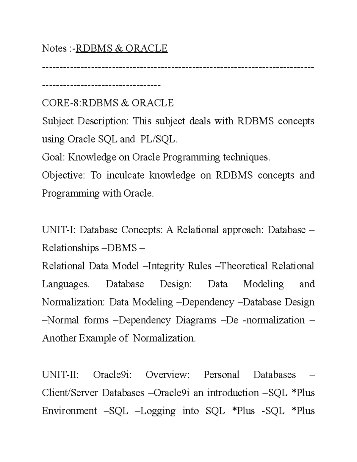 CORE-8 RDBMS & Oracle - Unit 3 Detailed Study Notes - Studocu