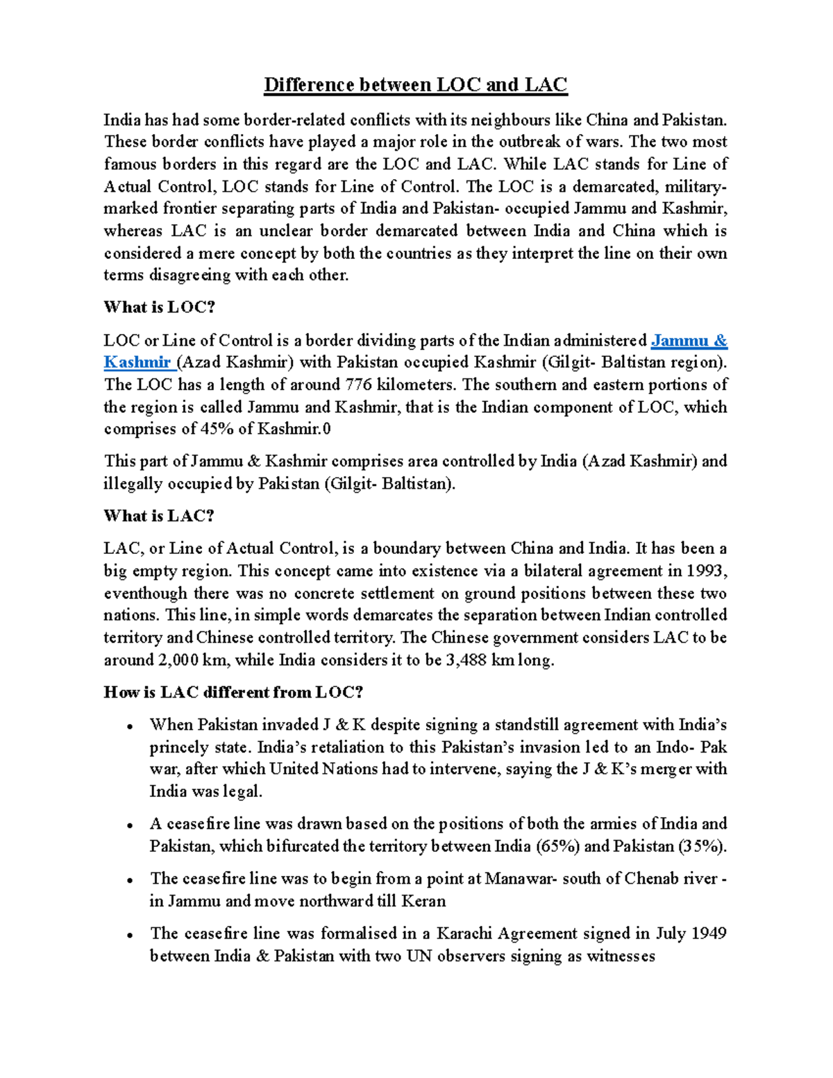 Understanding the Difference between LOC and LAC in India - Studocu