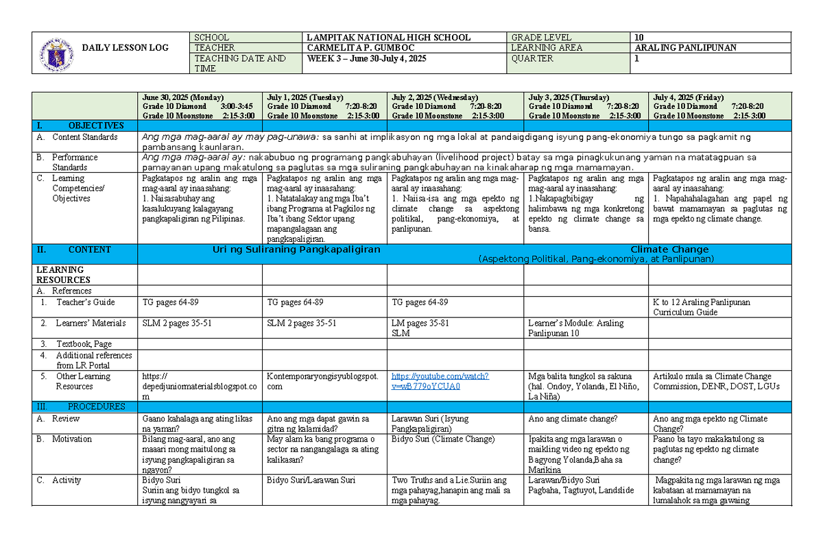 Q1 Week 3 Daily Lesson Log for Araling Panlipunan 10 - Studocu