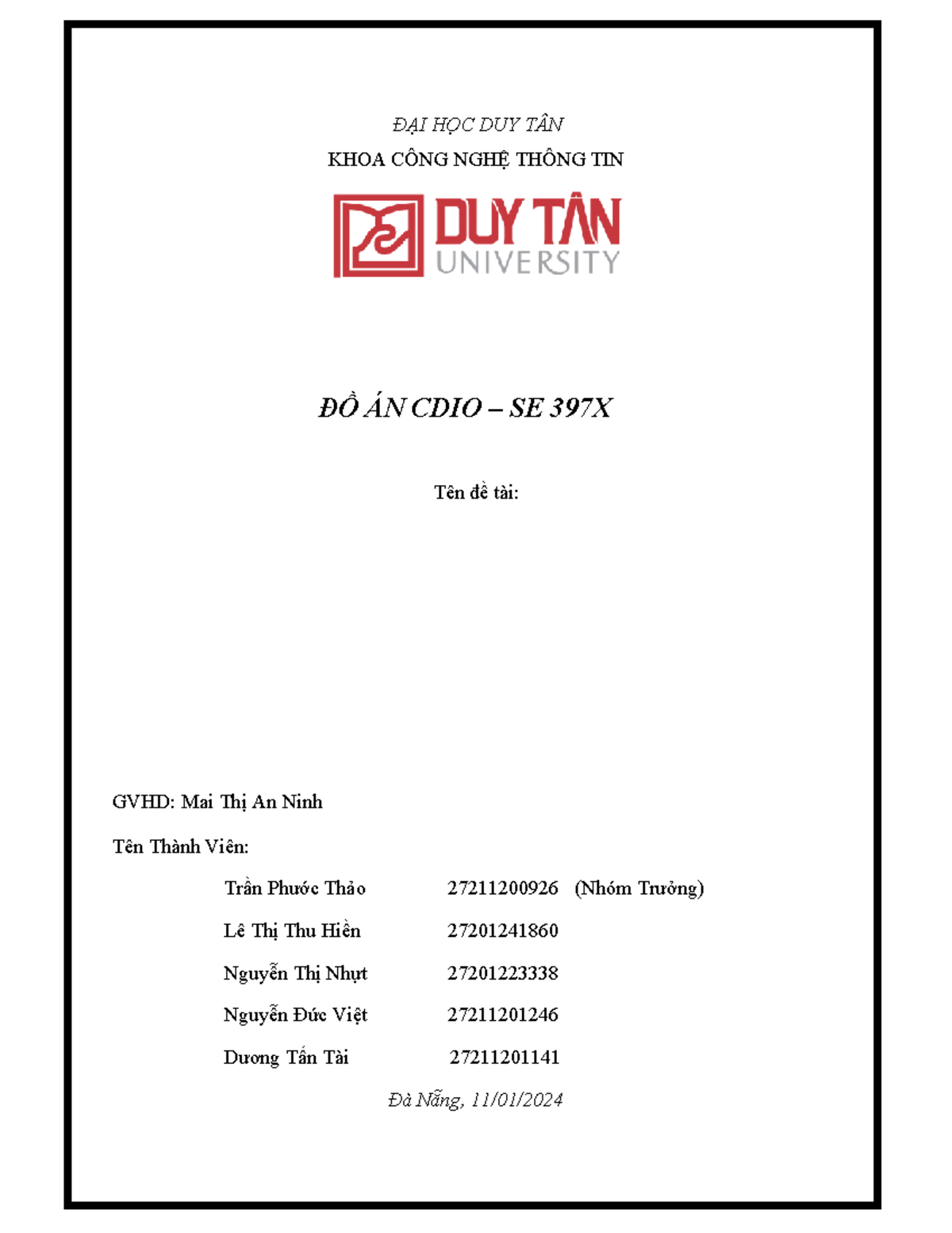 Doan CDIO 3 24 - Haha - ĐẠI HỌC DUY TÂN KHOA CÔNG NGHỆ THÔNG TIN Tên đề ...
