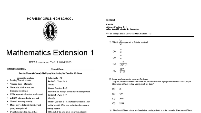 Y12 Mathematics Extension 1 HSC Past Paper 24:25 - Studocu
