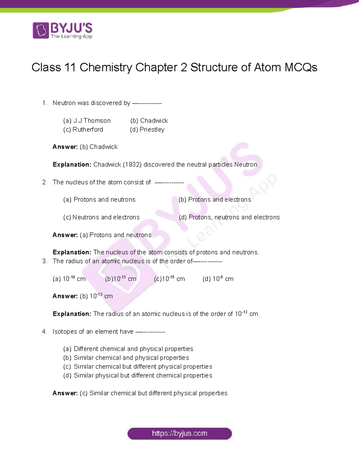 Class 11 Chemistry Chapter 2: Structure of Atom MCQs - Studocu