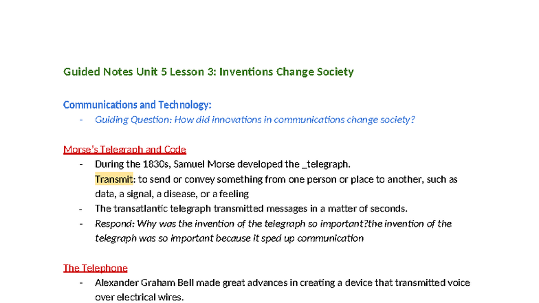 Guided Notes Unit 5 Lesson 3: Innovations in Communication & Society ...
