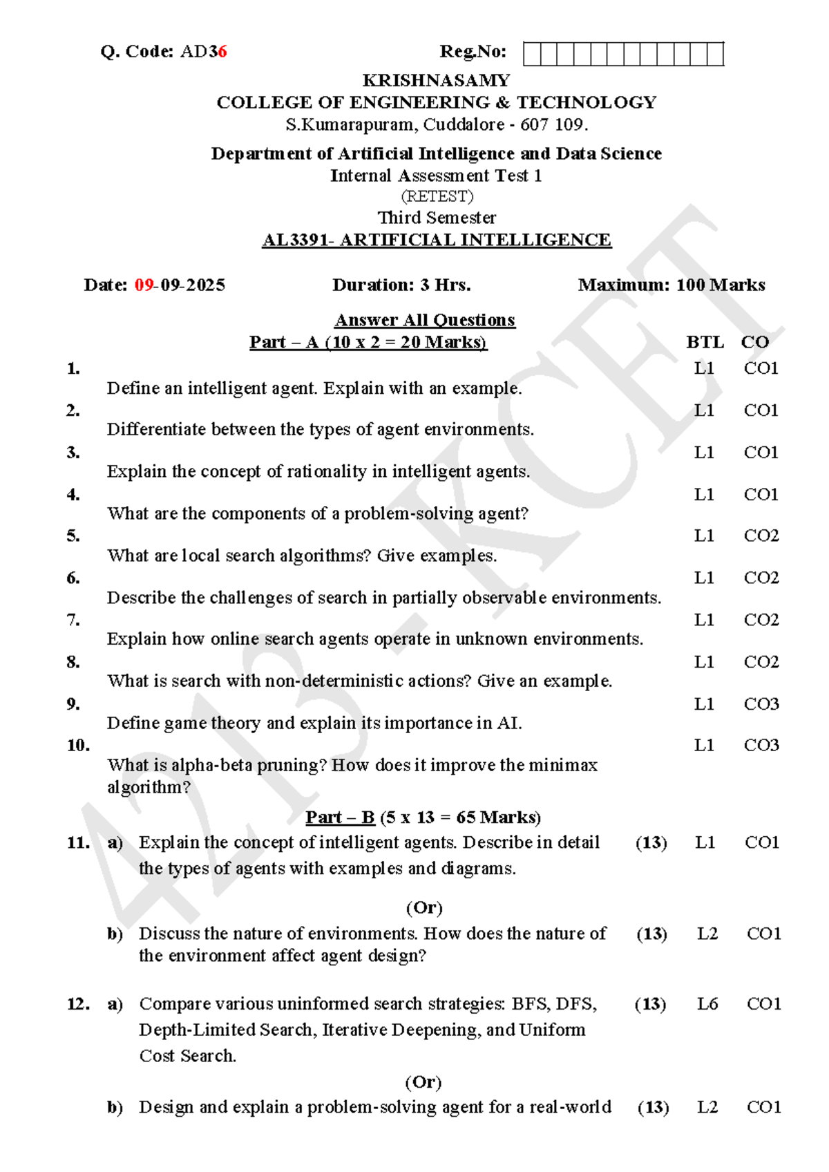 IAT 1 AI Retest Question Paper - AD36 - Studocu
