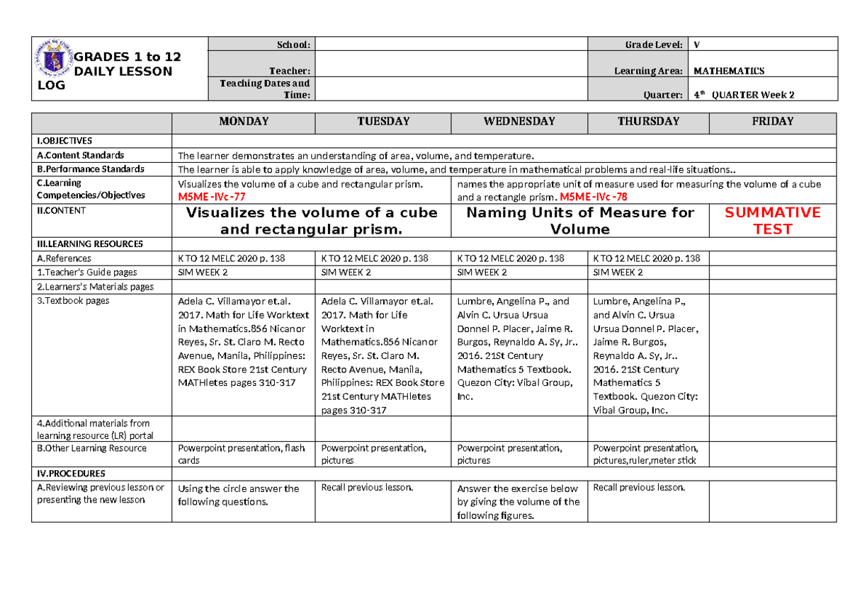 MATH 5 DLL WEEK 2 Lesson on Volume and Measurement Concepts - Studocu
