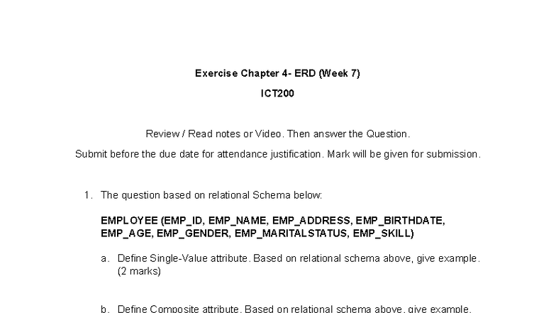 Exercise Chapter 4 ERD Tutorial (Week 7) ICT200 Review Notes - Studocu