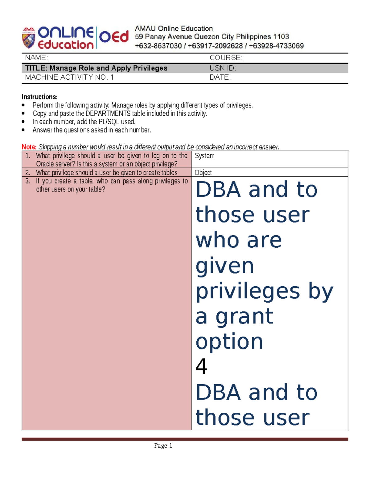 Lab Exercise 001 - Manage Roles and Apply Privileges - Studocu