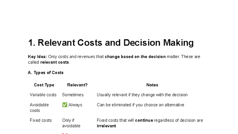 Unit 11 - Relevant Costs & Decision Making Summary - Studocu