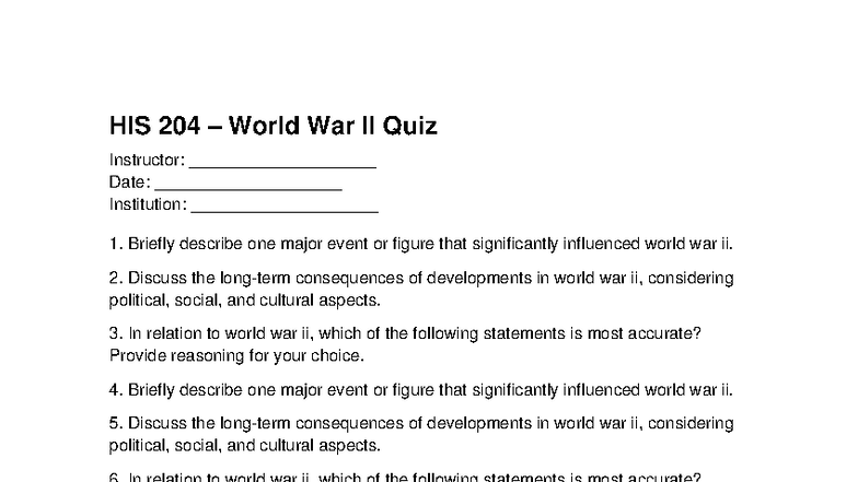 HIS 204 World War II Quiz: Key Events and Consequences - Studocu