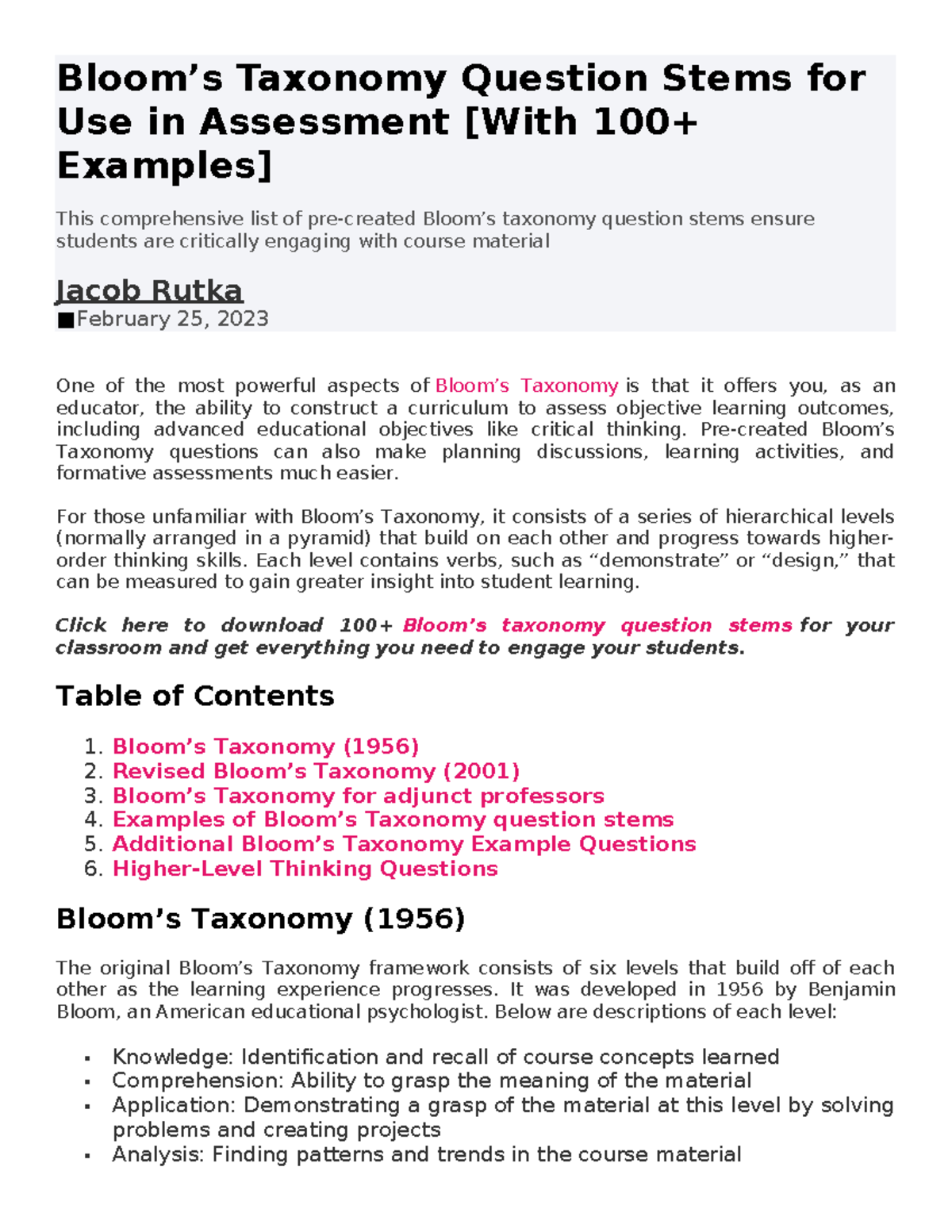 Comprehensive Guide to Bloom's Taxonomy: 100+ Question Stems - Studocu
