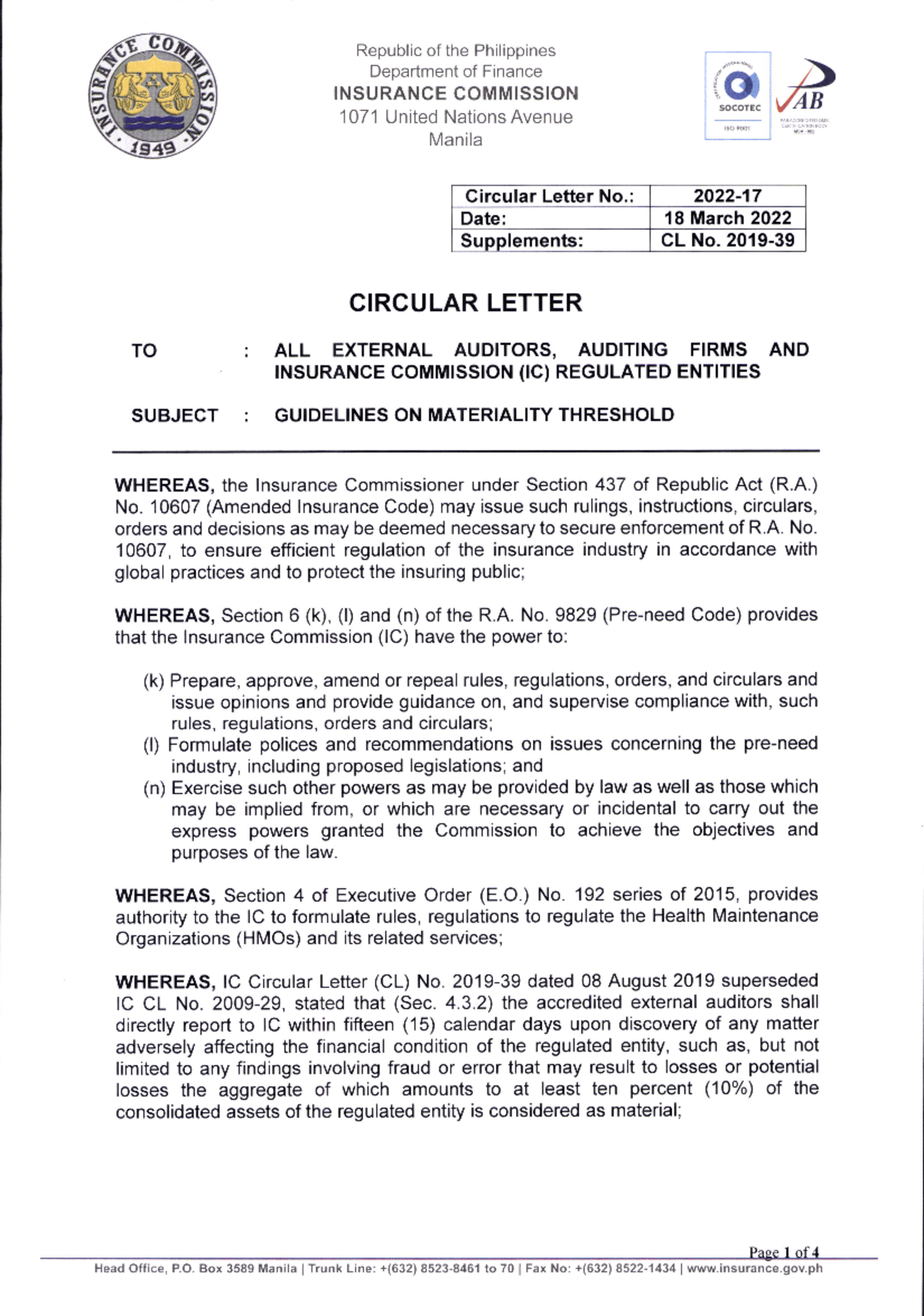 Guidelines on Materiality Thresholds for External Auditors (CL No. 2022 ...