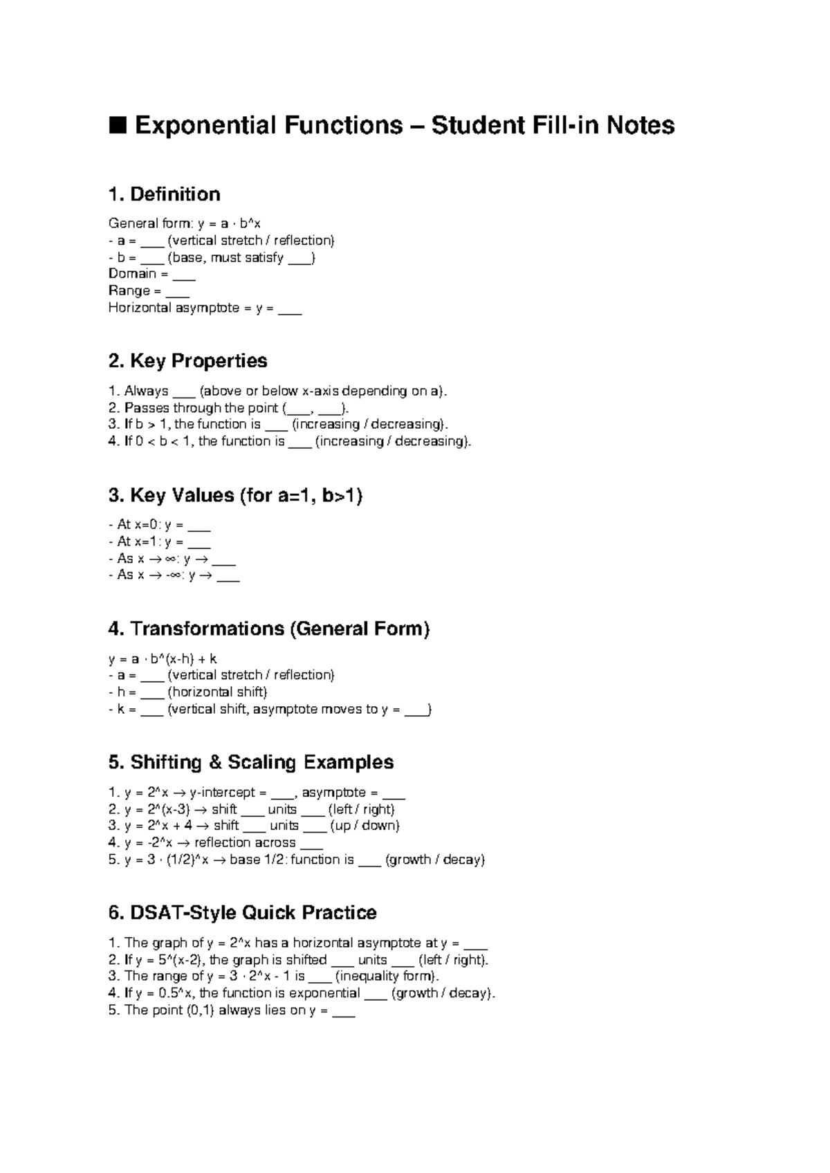 Exponential Functions Student Notes: Key Properties & Transformations ...