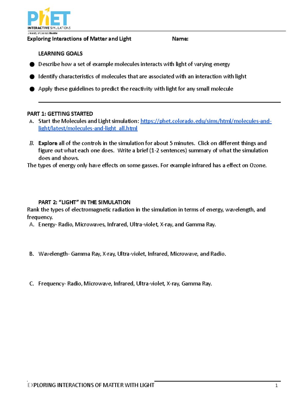 Molecules and Light: Guided Inquiry into Their Interactions (PHY101 ...