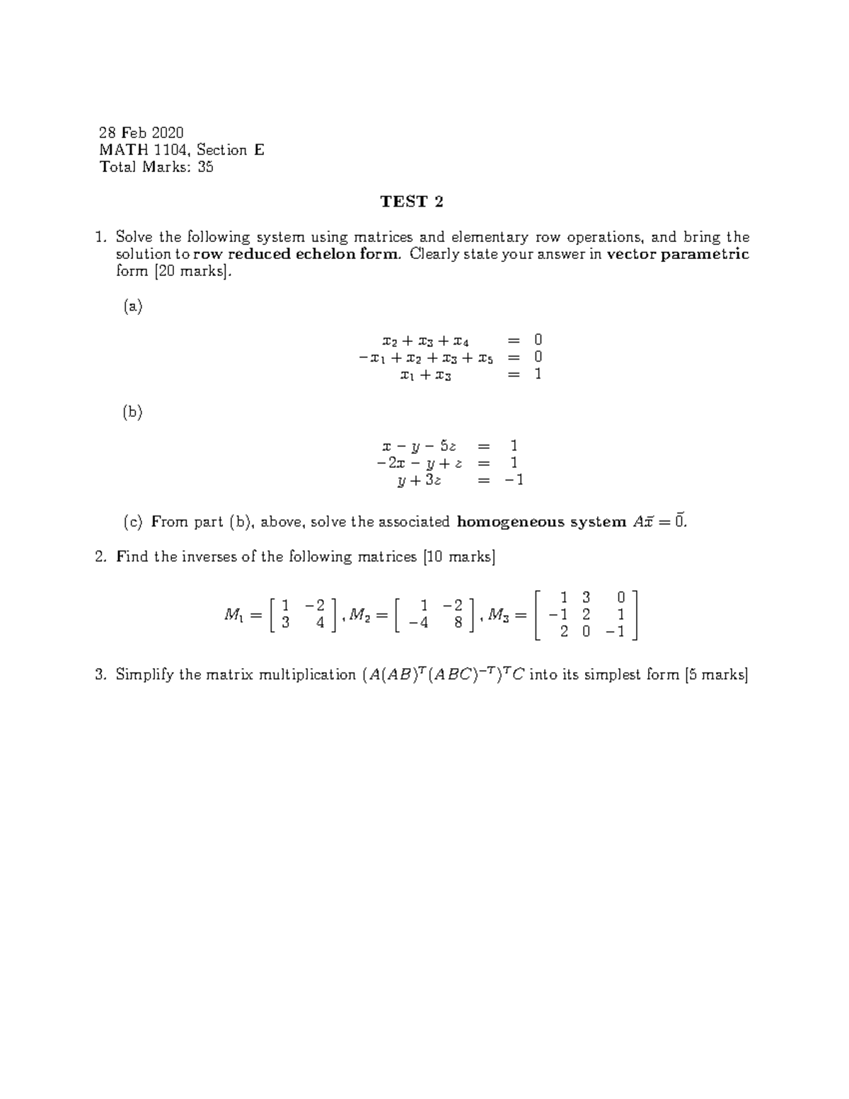 MATH 1104 - Test 2: Matrices and Elementary Row Operations - Studocu