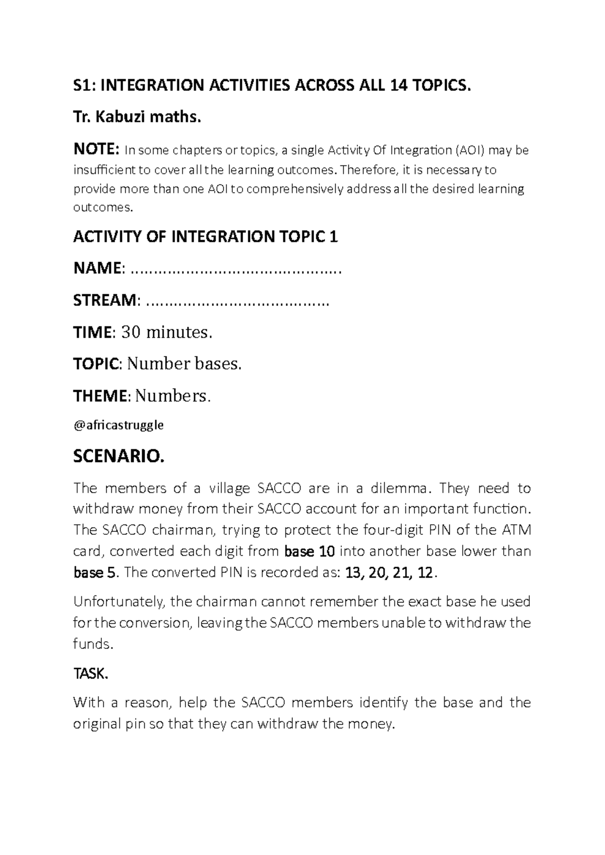 Tr. Kabuzi S1: Activities of Integration for All Topics - Studocu