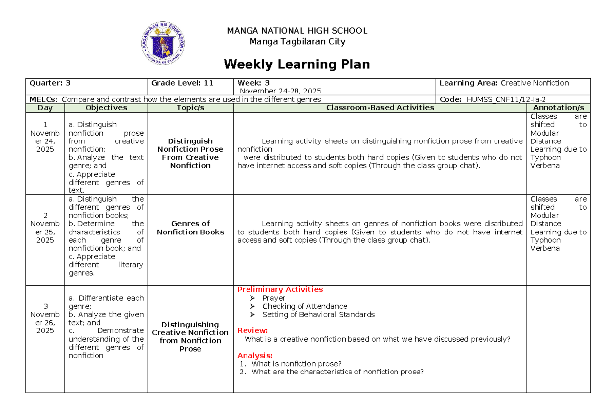 Q1 2025 WEEK 3 - Creative Nonfiction Learning Plan (CNF) - Studocu