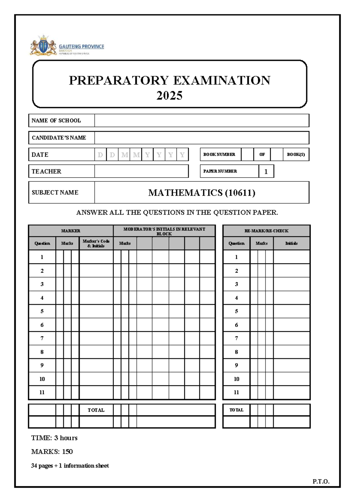 Mathematics (10611) Preparatory Exam Paper 1 - 2025 - Studocu