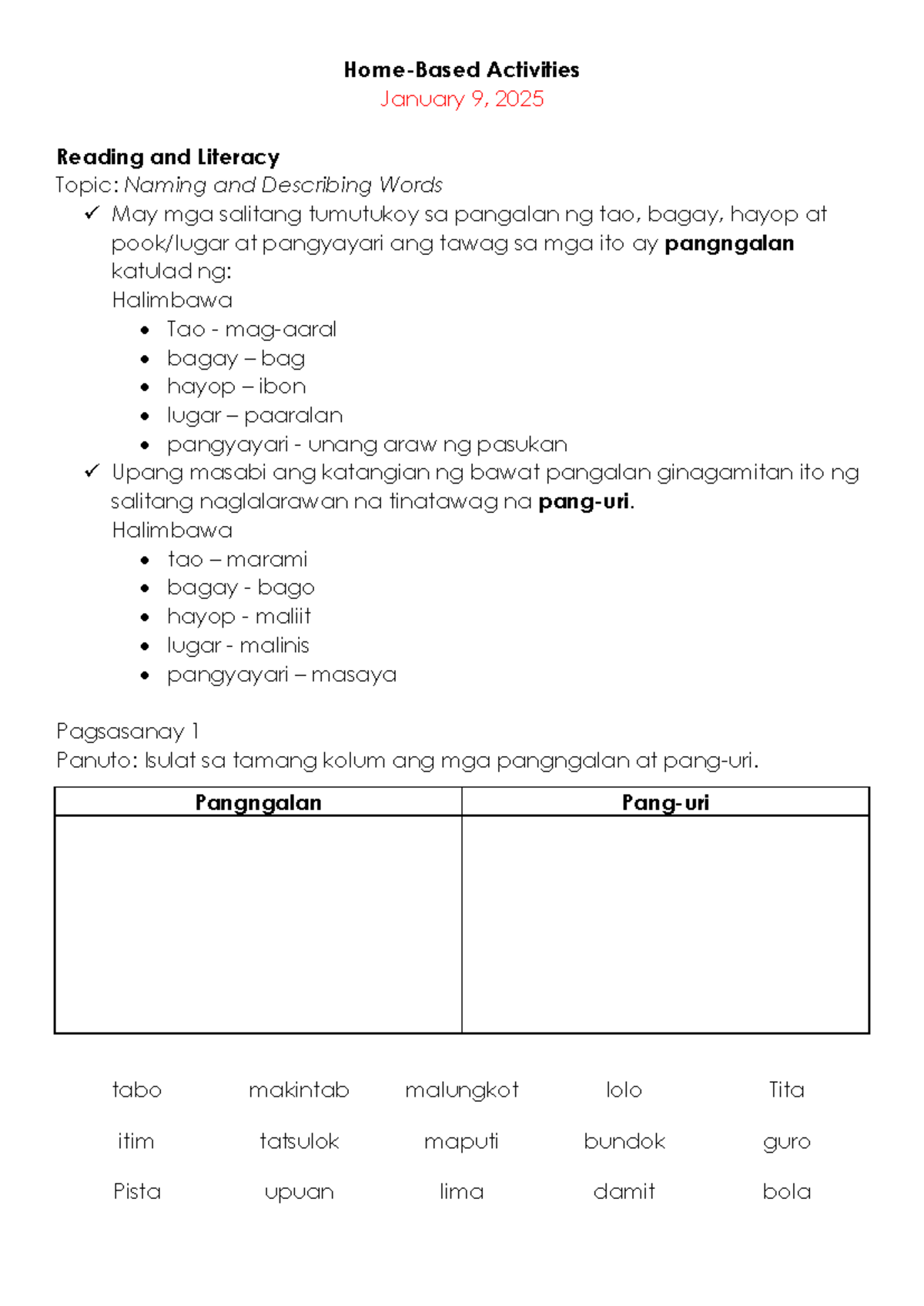 Home-Based Activities: Naming Words and Describing Adjectives - Studocu