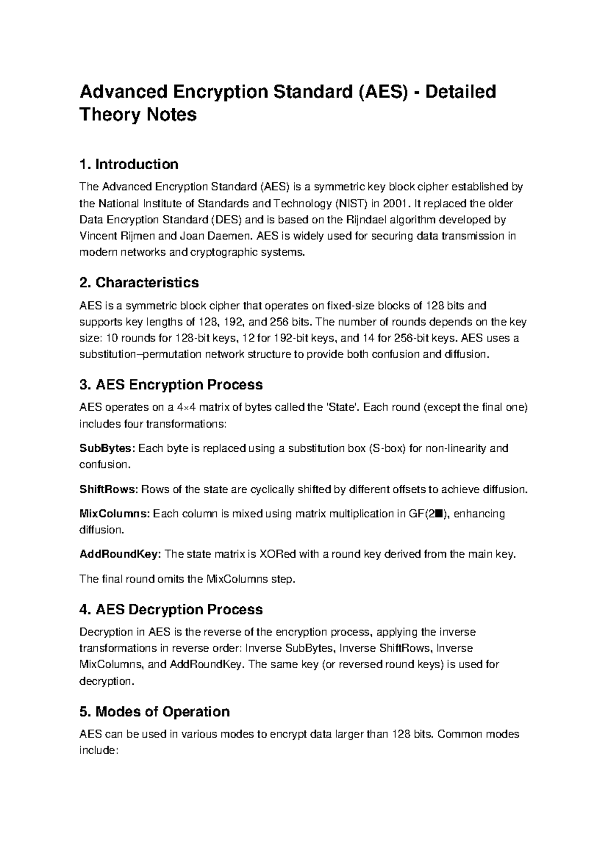 AES Detailed Theory Notes: Understanding the Advanced Encryption ...