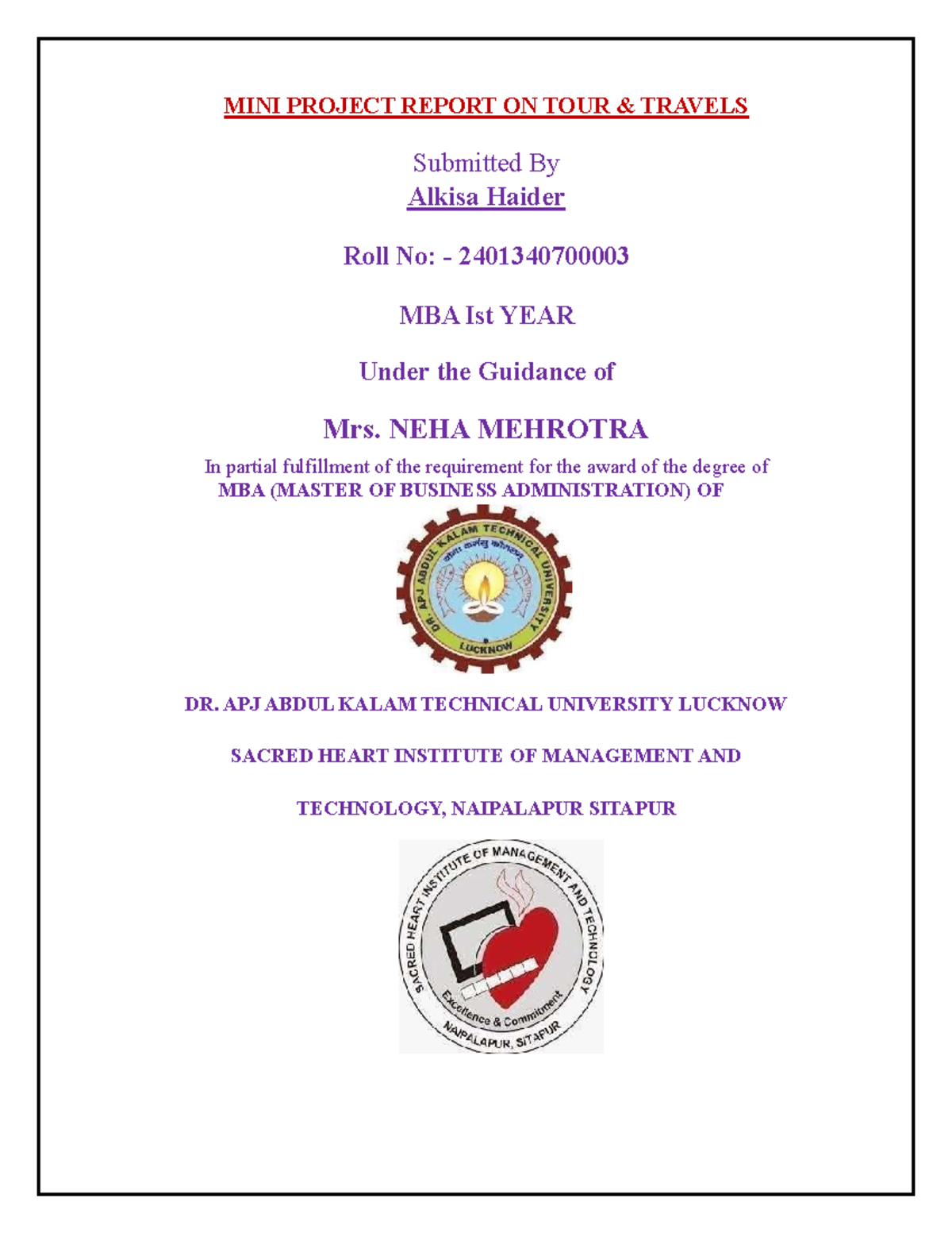 MBA Mini Project Report: Tour Travels Analysis and Insights - Studocu