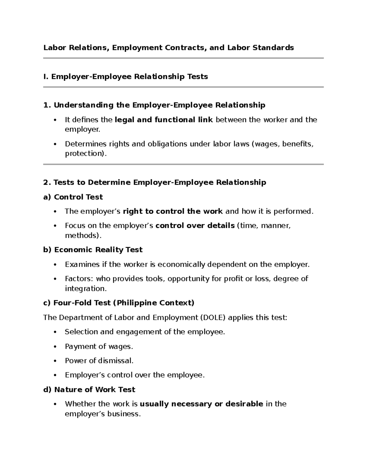 Labor Relations and Employment Contracts I: Key Relationship Tests and ...