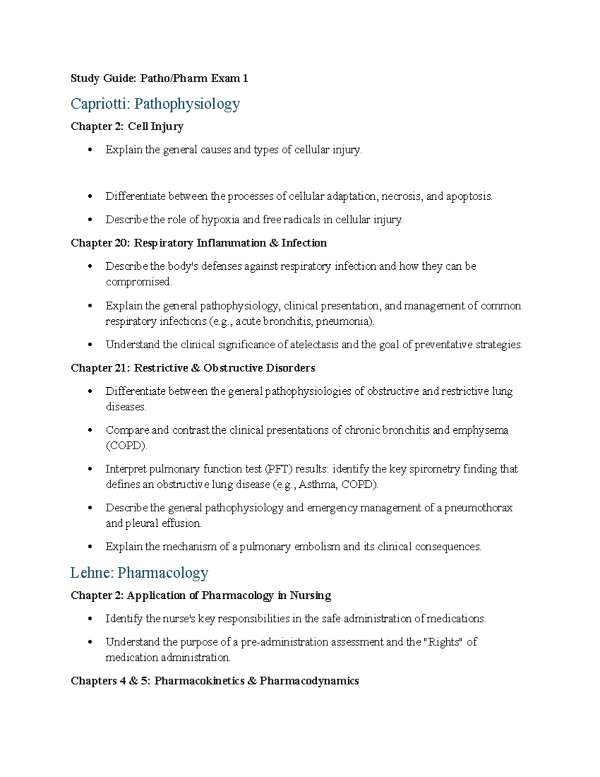 Pathophysiology & Pharmacology Study Guide: Exam 1 (NURS 101) - Studocu