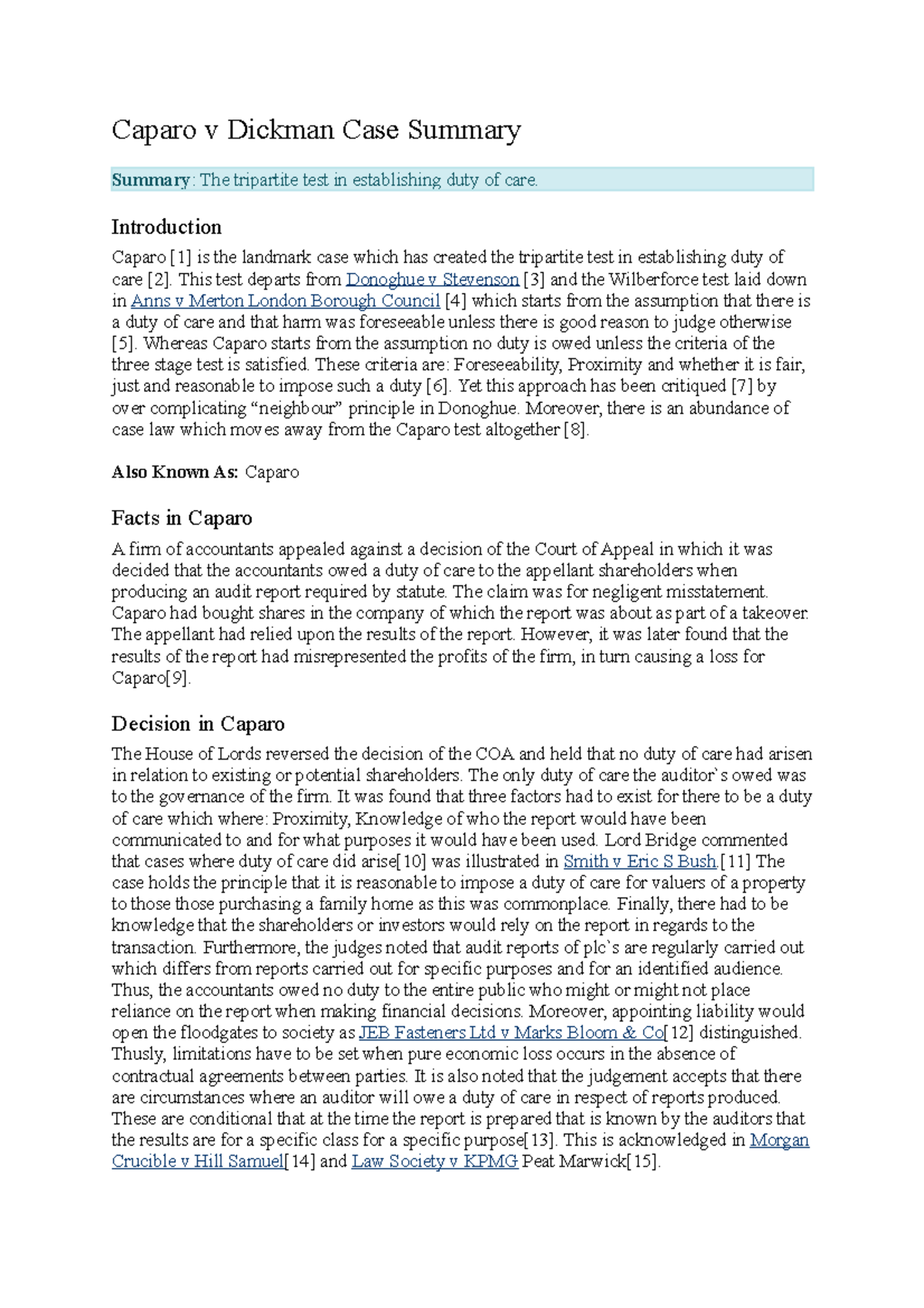 Caparo v Dickman Case Summary & Duty of Care Analysis - Studocu