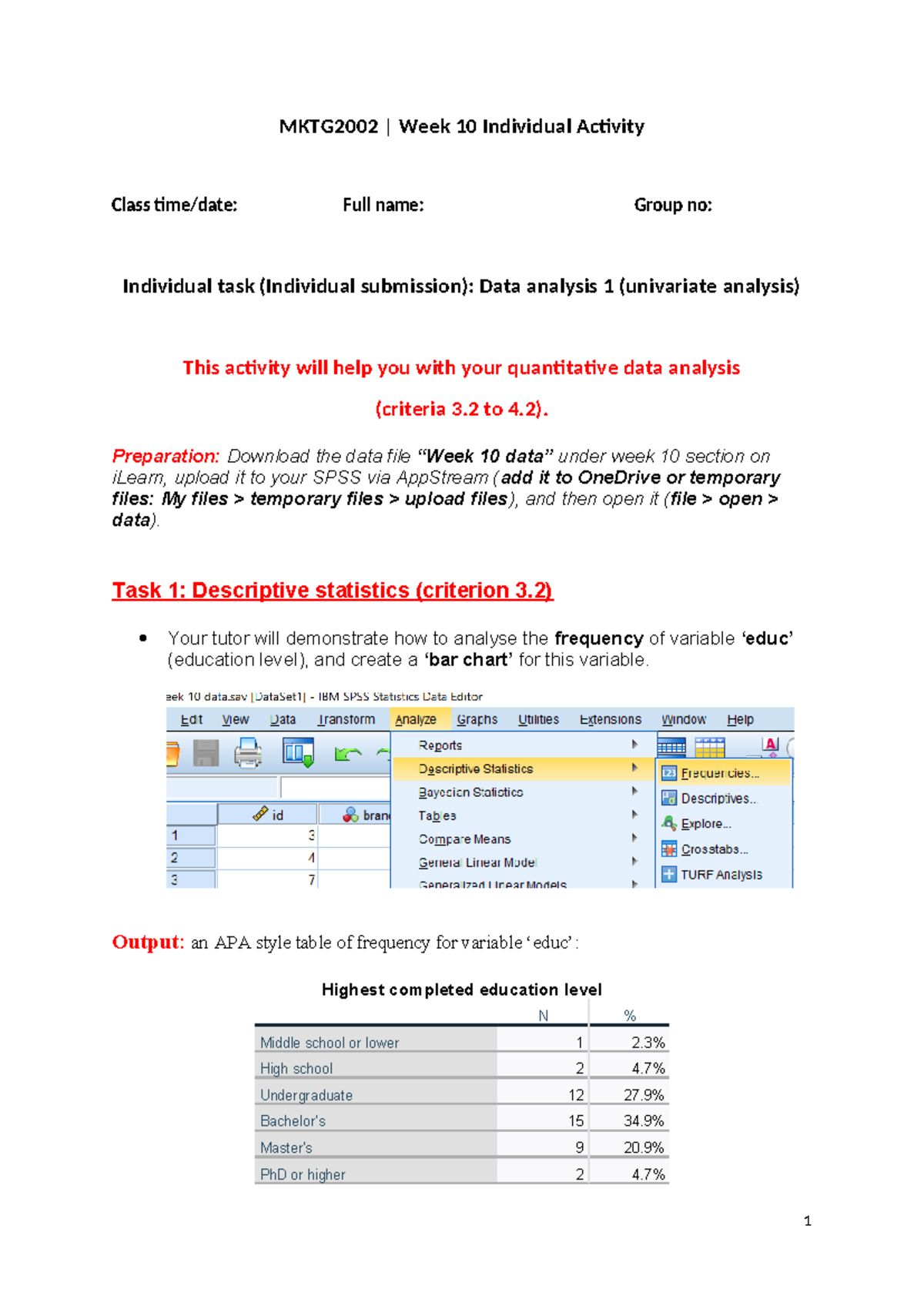 MKTG2002 Week 10 Individual Activity: Univariate Data Analysis - Studocu