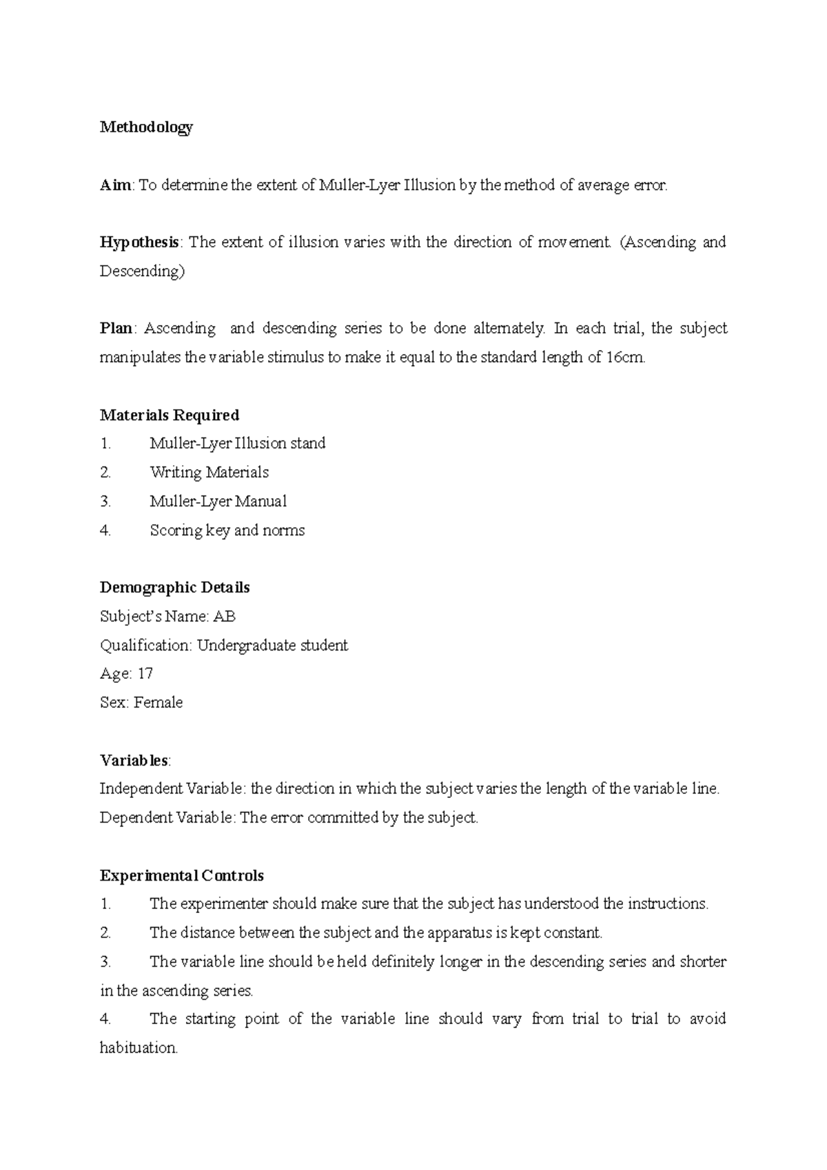 Muller Lyer Experiment Report Analysing Illusion Extent Through Trials