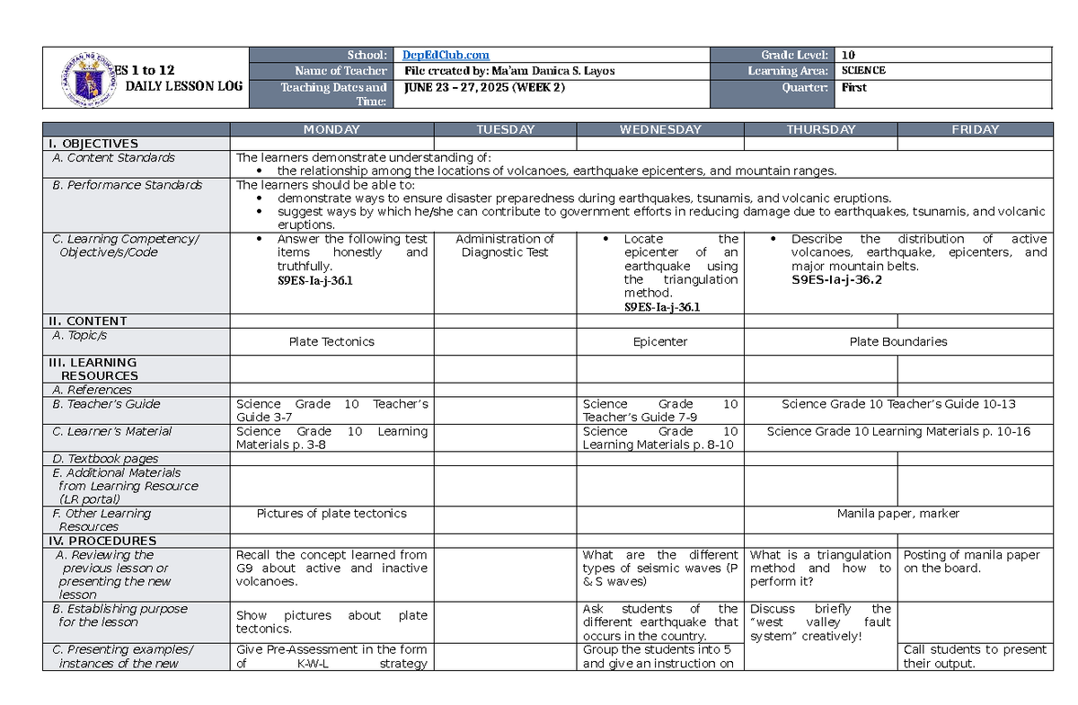 DLL Science 10 Q1 W2 - Daily Lesson Log on Earthquake Preparedness ...