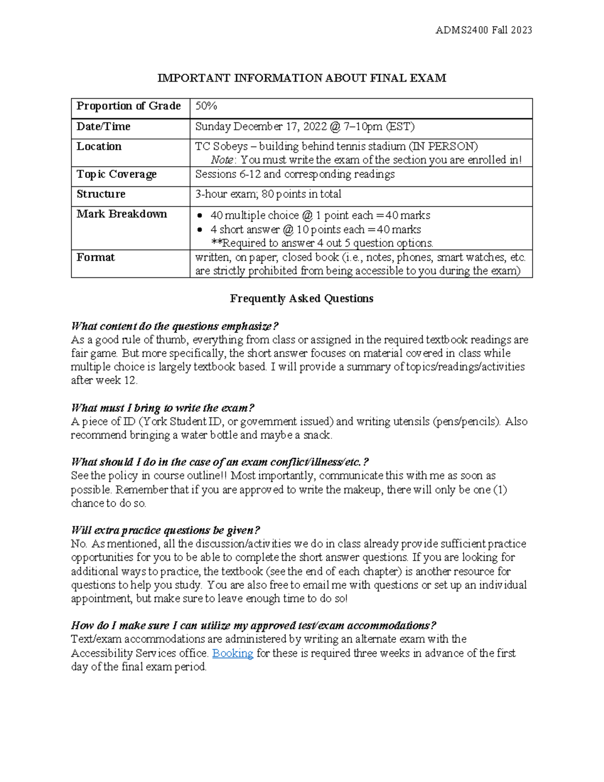 ADMS2400 Fall 2023 Final Exam Details and Guidelines - Studocu