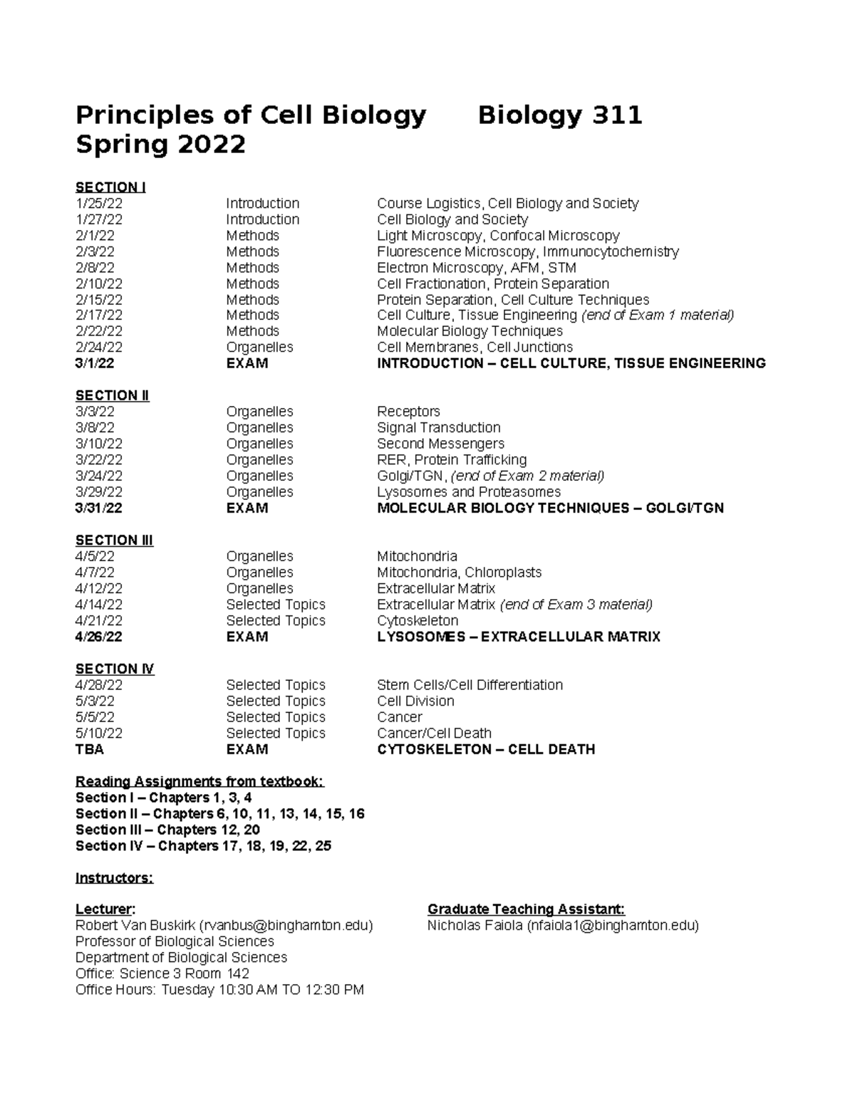 Spring 2022 Lecture Syllabus - Principles of Cell Biology Biology 311 ...
