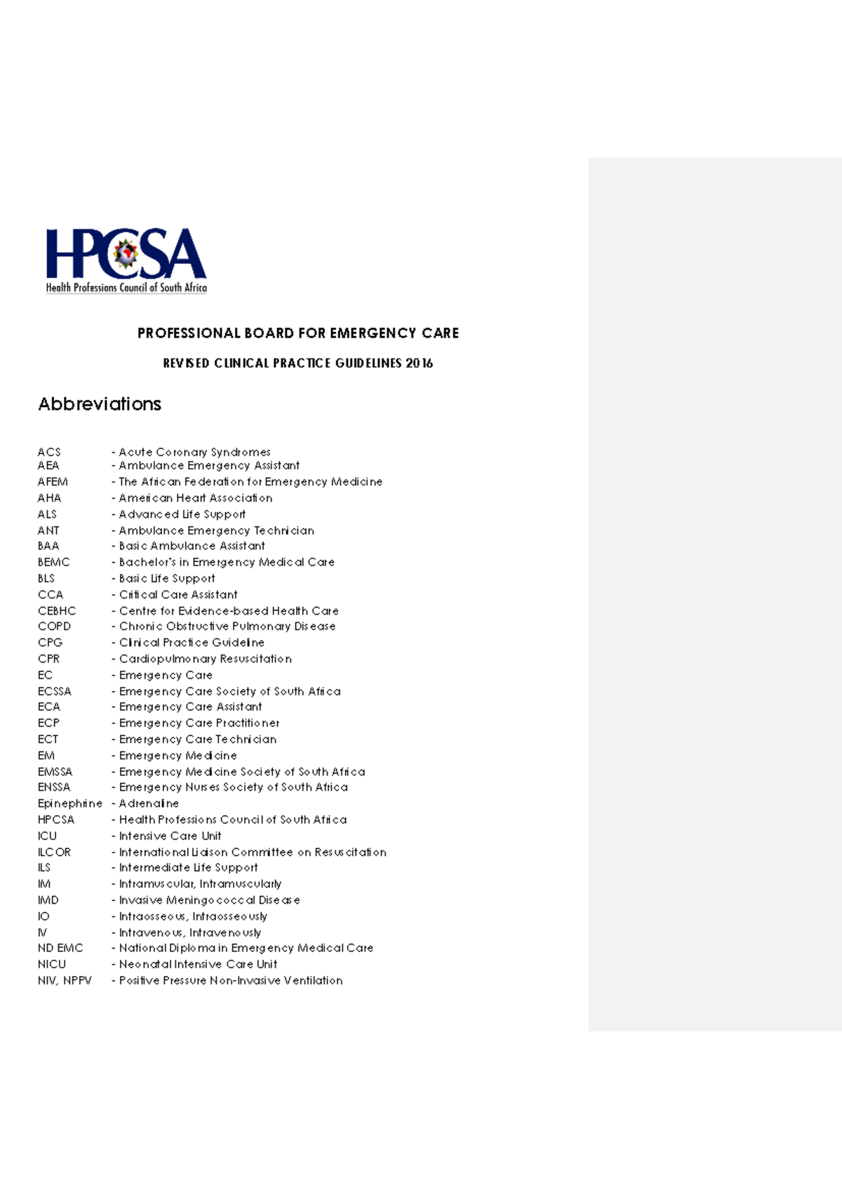 HPCSA Clinical Practice Guidelines for Emergency Care Practices - Studocu
