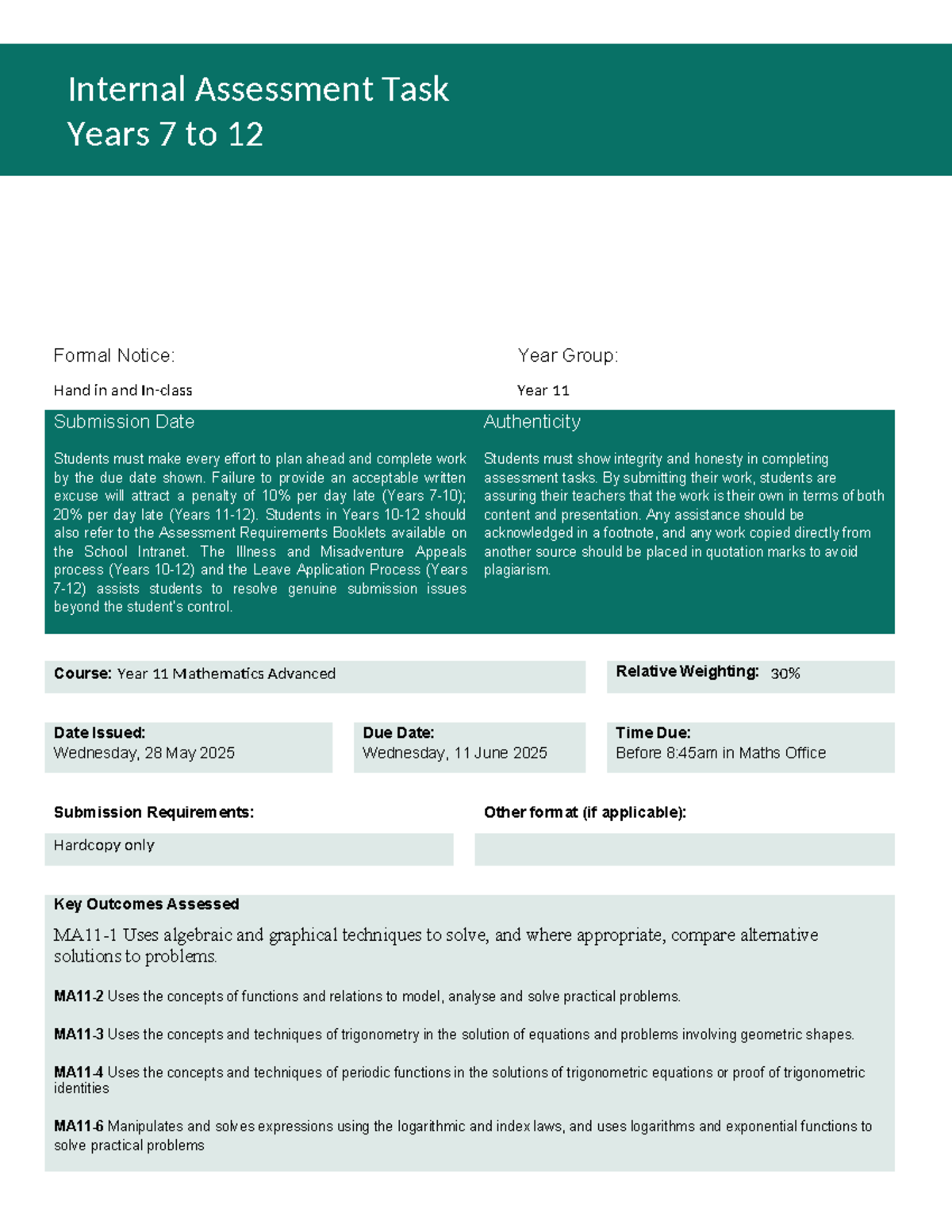 2025 Year 11 Mathematics Advanced - Task 2 Submission Notice - Studocu