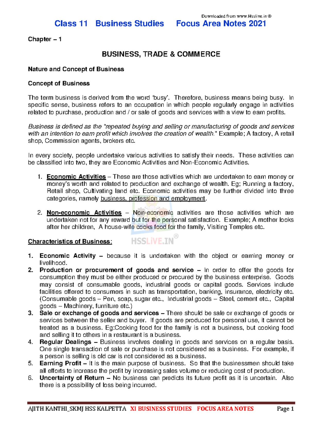 Class 11 Business Studies Focus Area Notes (HSSLIVE XI) - Studocu