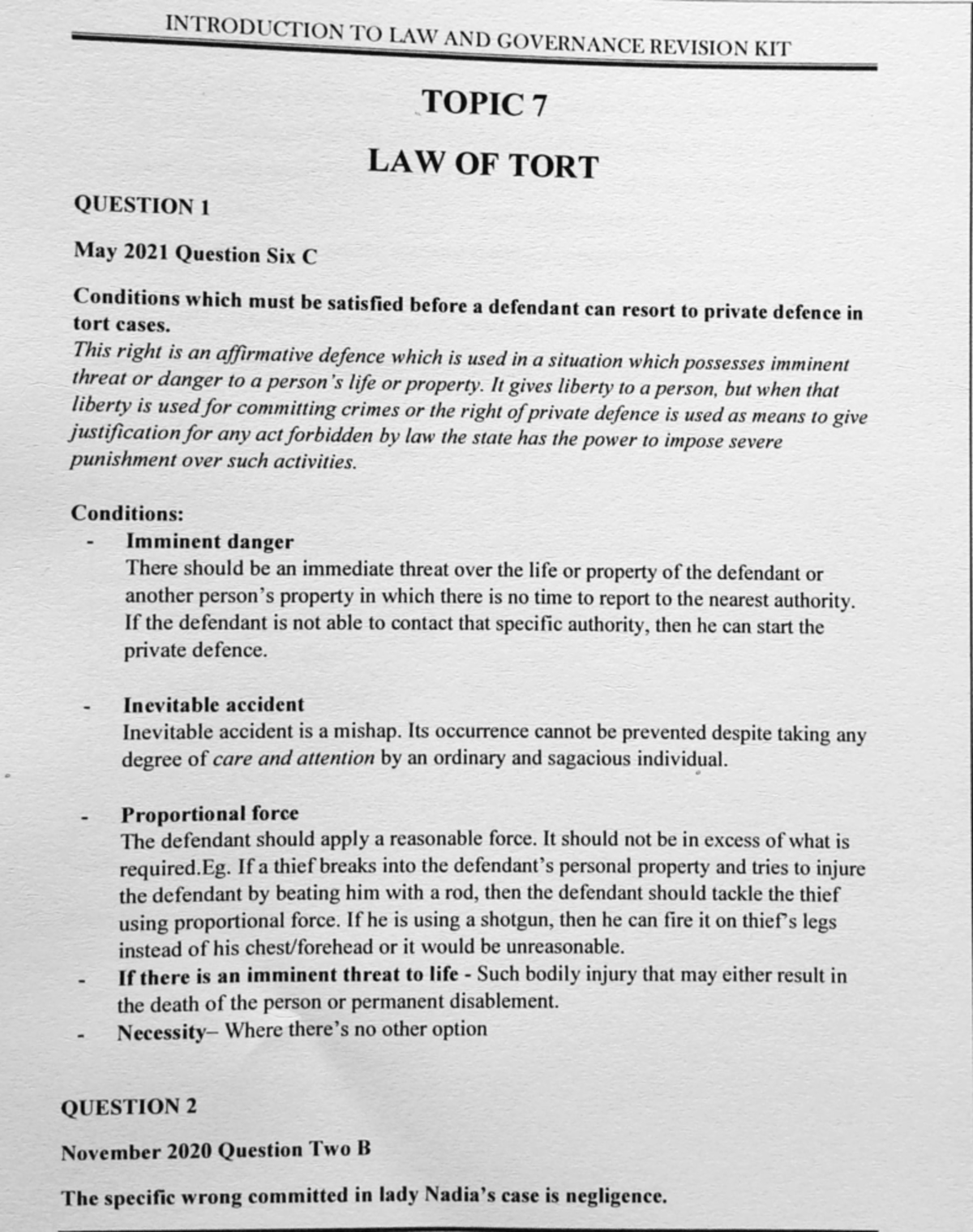 Law of Tort Answers - Tort law - INTRODUCTION TO LAW AND GOVERNANCE ...
