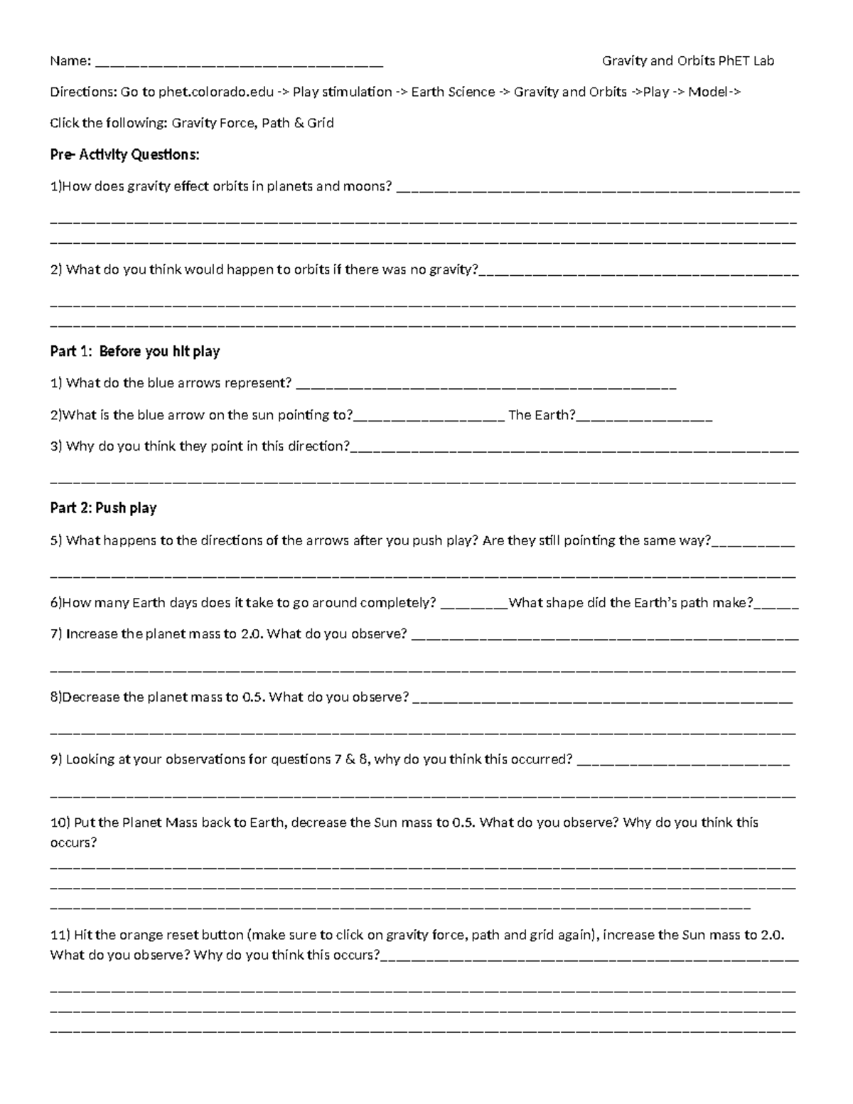 PhET Lab: Exploring Gravity & Orbits (Earth Science) - Studocu