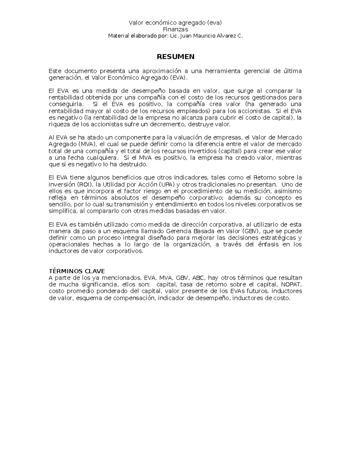 Valor Económico Agregado (EVA): Conceptos y Cálculos en Finanzas - Studocu