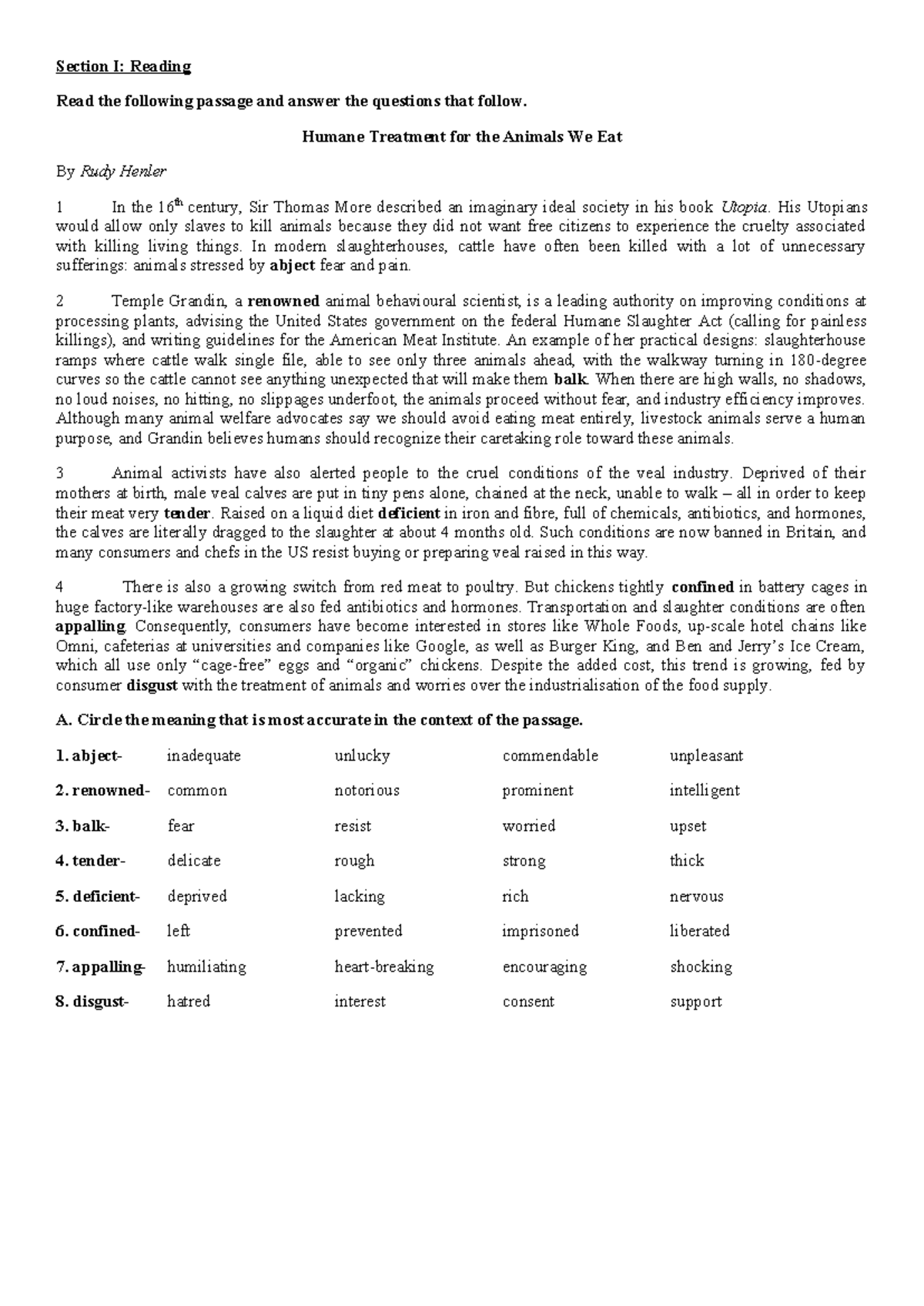 English 102: Reading Comprehension Exercise 1 on Animal Treatment - Studocu
