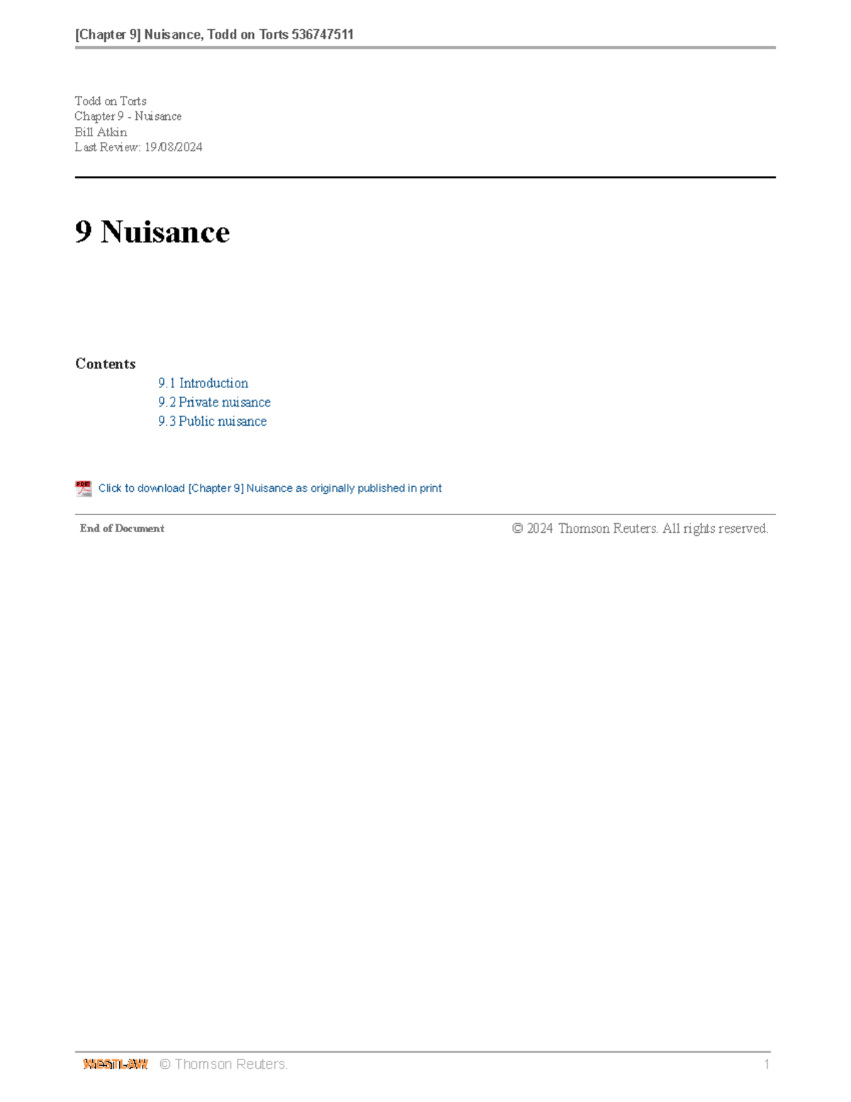 Todd on Torts - Chapter 9: Nuisance Summary (536747511) - Studocu