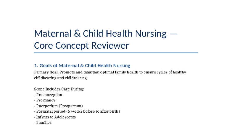 MCH 101: Maternal Child Health Nursing Core Concepts Reviewer & Quiz ...