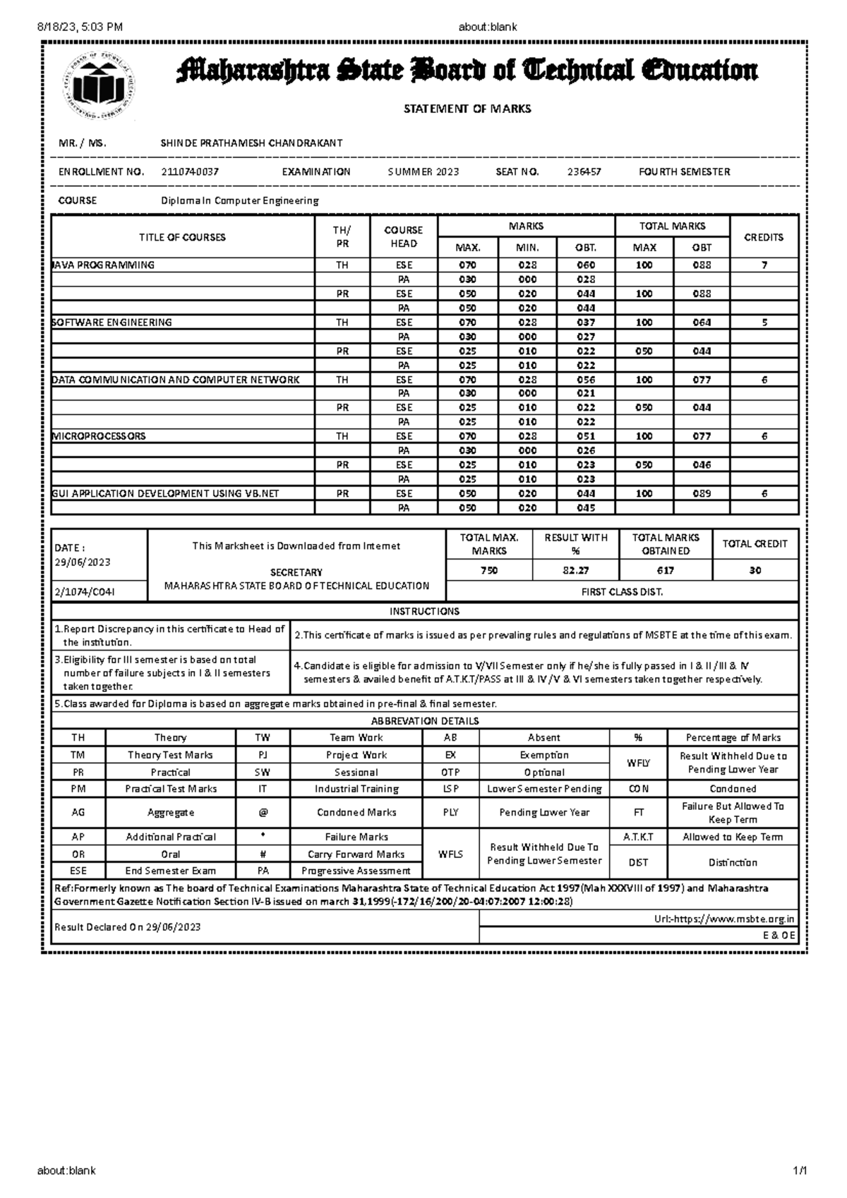 Fourth Semester Marks Statement for Diploma in Computer Engineering ...