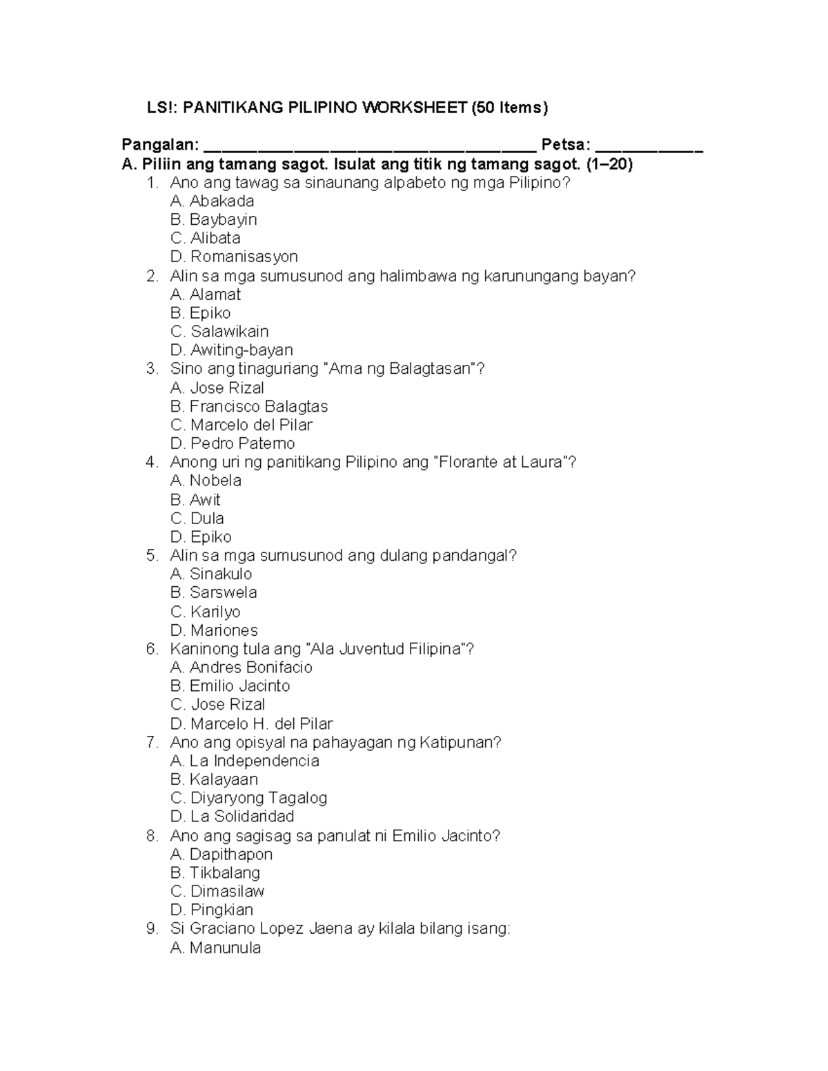 LS!: PANITIKANG PILIPINO WORKSHEET (50 Items) Part 1 - Studocu