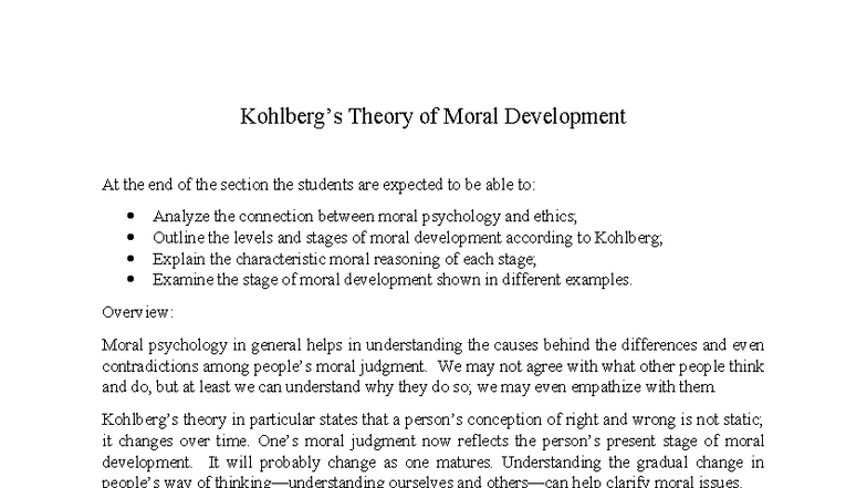 Kohlberg's Theory of Moral Development: An Ethical Analysis - Studocu
